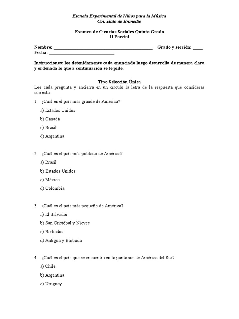 Examen de Ciencias Sociales Quinto Grado | PDF