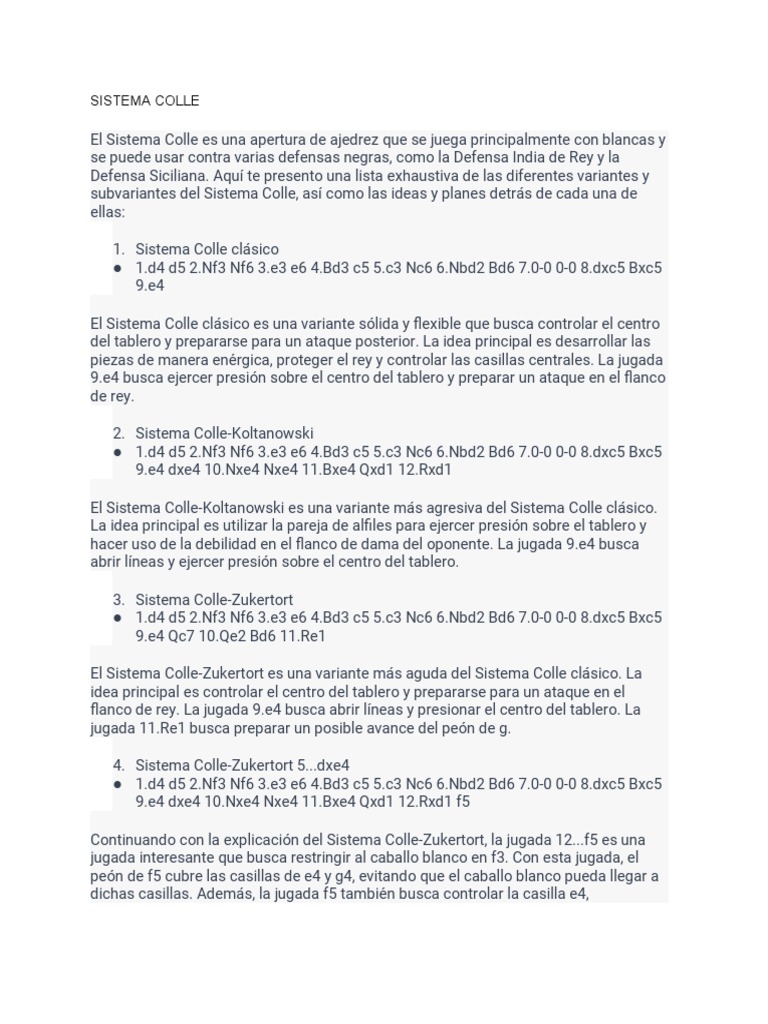 Variantes del Sistema Colle en Ajedrez | PDF | Aperturas de ajedrez ...