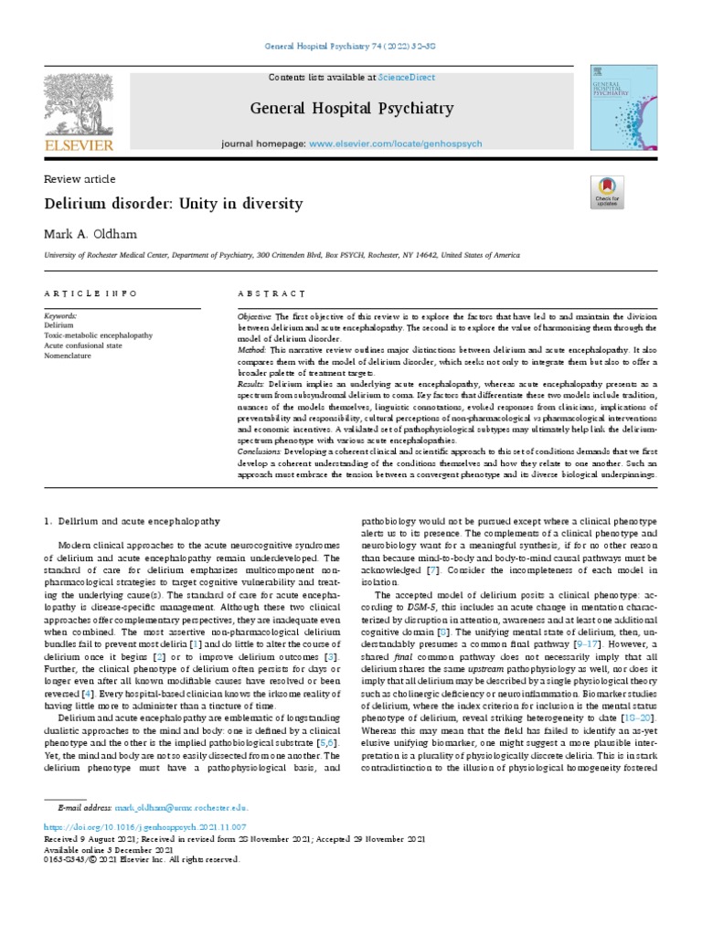 Delirium Disorder Unity in Diversity | PDF | Psychiatry | Mental Disorder
