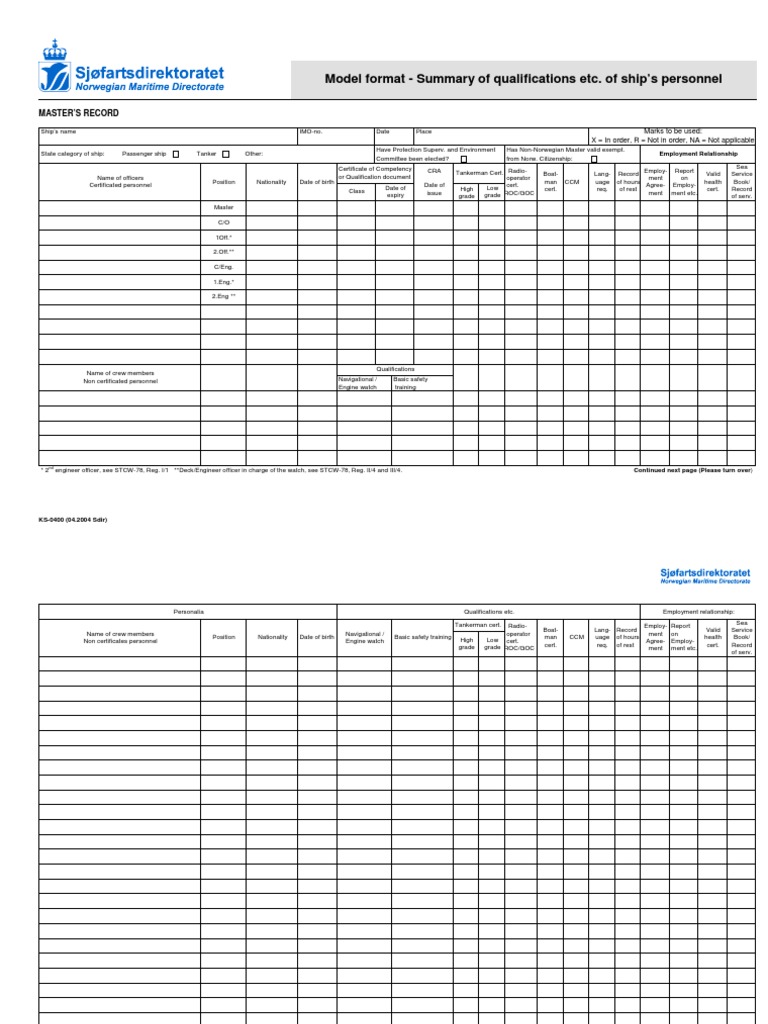 KS-0400 Summary of Qualification ENG | PDF | Ships | Sailor