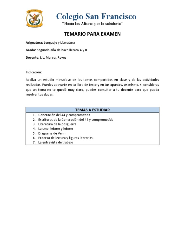 Temario Examen Lenguaje y Literatura | PDF