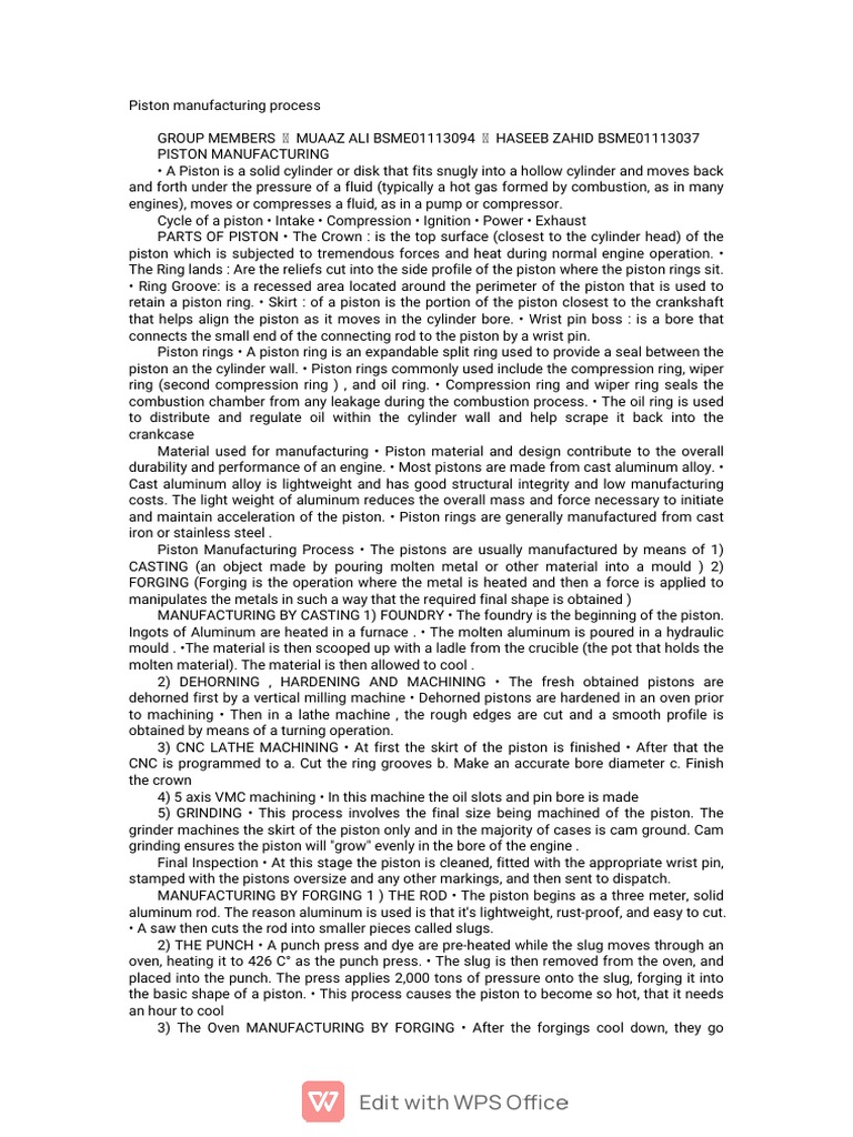 Piston Manufacturing Process Explained | PDF | Piston | Internal ...