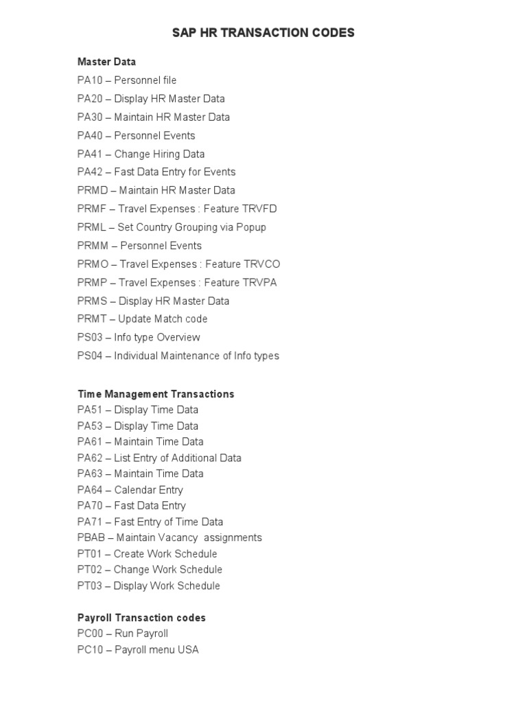 Sap HR Transaction Codes | PDF