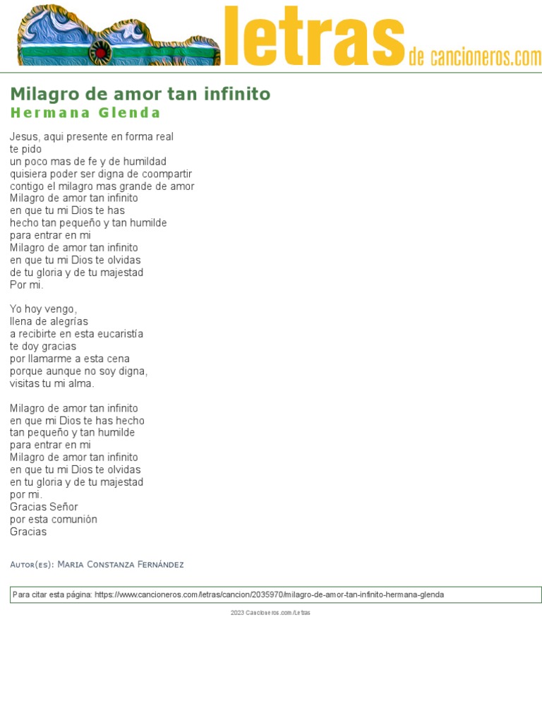 Letra de la canción Milagro de amor tan infinito - Hermana Glenda | PDF
