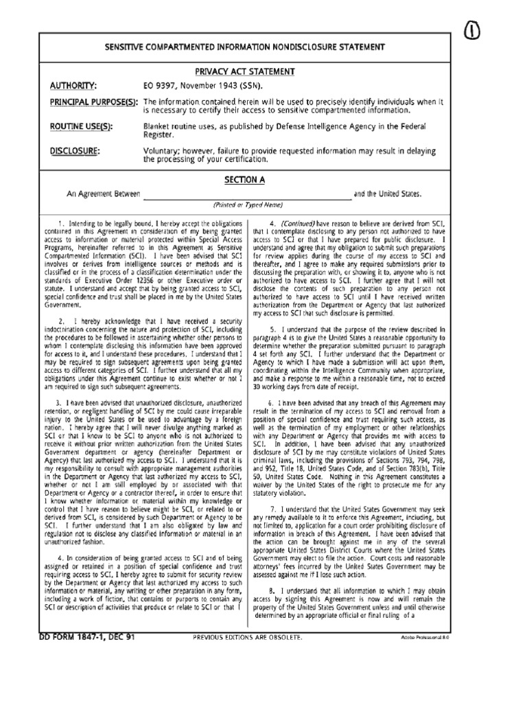Sensitive Compartmented Information Nondisclosure Statement PDF | PDF ...