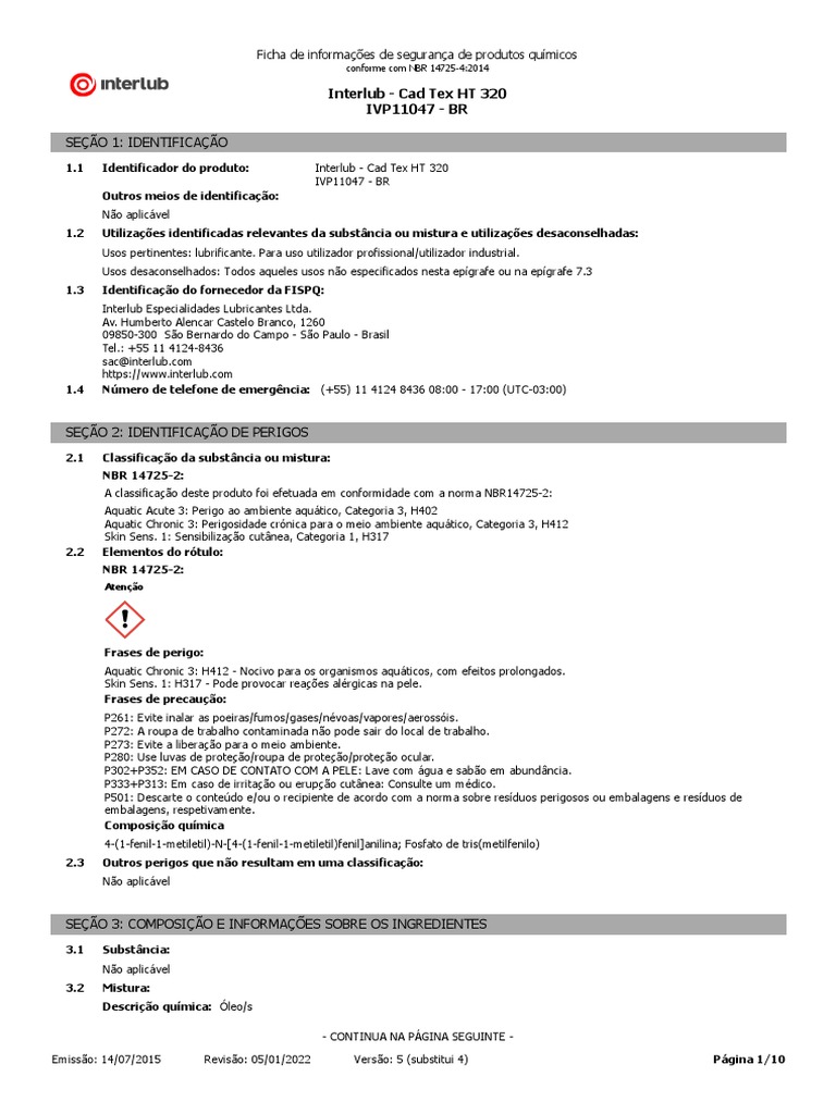 FISPQ de Interlub - Cad Tex HT 320 - IVP11047 - BR | PDF | Química ...