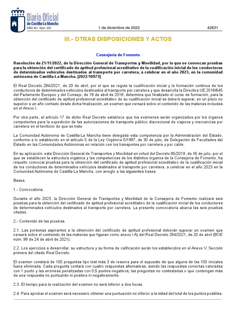 Convocatoria Pruebas Cap 2023 Docm | PDF | Transporte | Gobierno