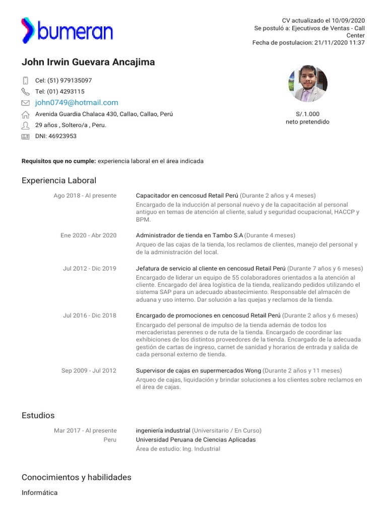 1114156186_Ejecutivos_de_Ventas_Call_Center_CV_John_Irwin_Guevara_Ancajima | PDF | Perú