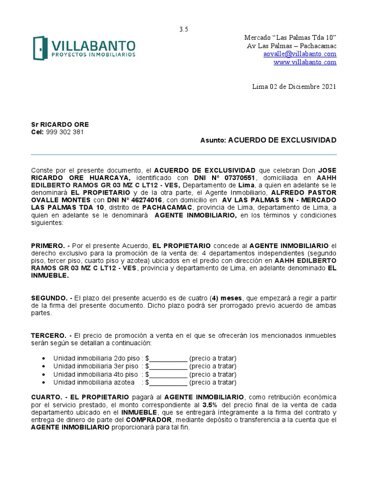 Modelo de Acuerdo de Exclusividad Venta | PDF | Negocios económicos ...