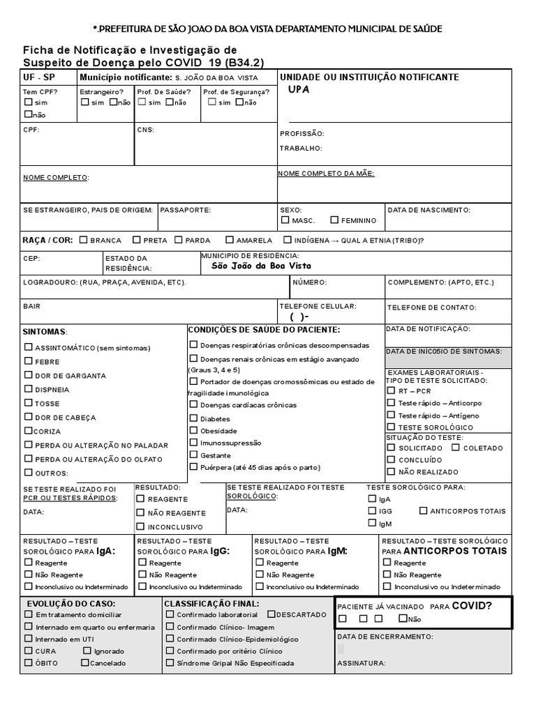 Ficha de Notificação Covid | PDF | Causas de morte | Especialidades médicas Ficha de Notificação Covid | PDF | Causas de morte | Especialidades médicas