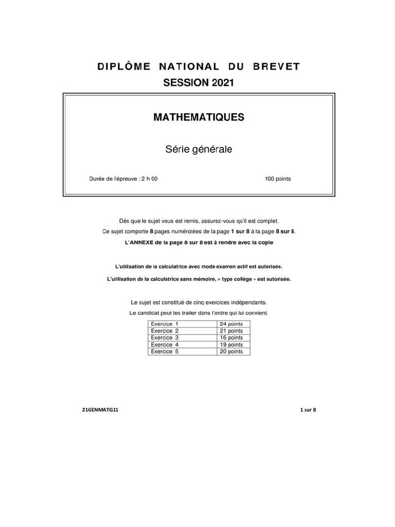 Sujet Brevet Maths DNB 2021 Liban Pondichery | PDF