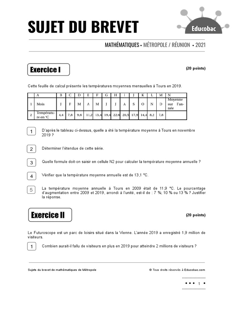Sujet Brevet Maths 2021 Métropole | PDF