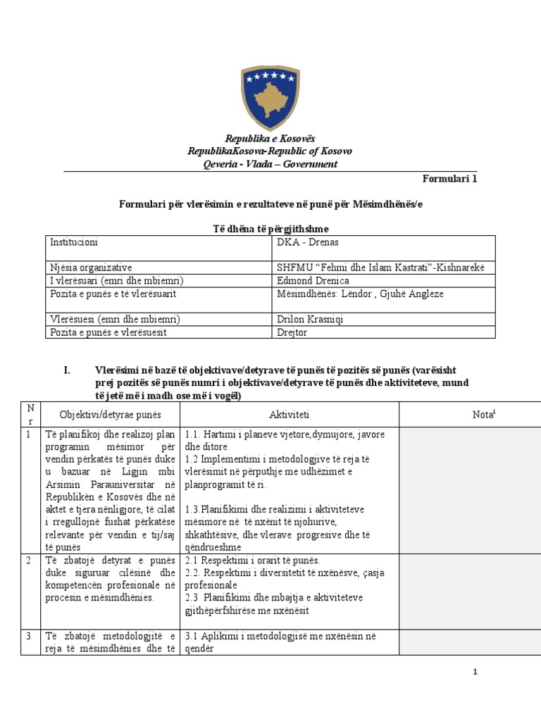 Formular Per Vleresim Te Mesimdhenesit Edmond Drenica | PDF