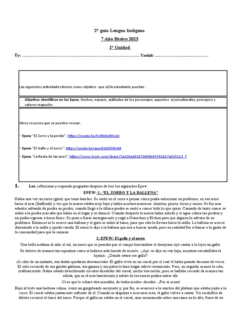 Guía N°2 Lengua Indígena 7 Año | PDF | Pollo | Ornitología