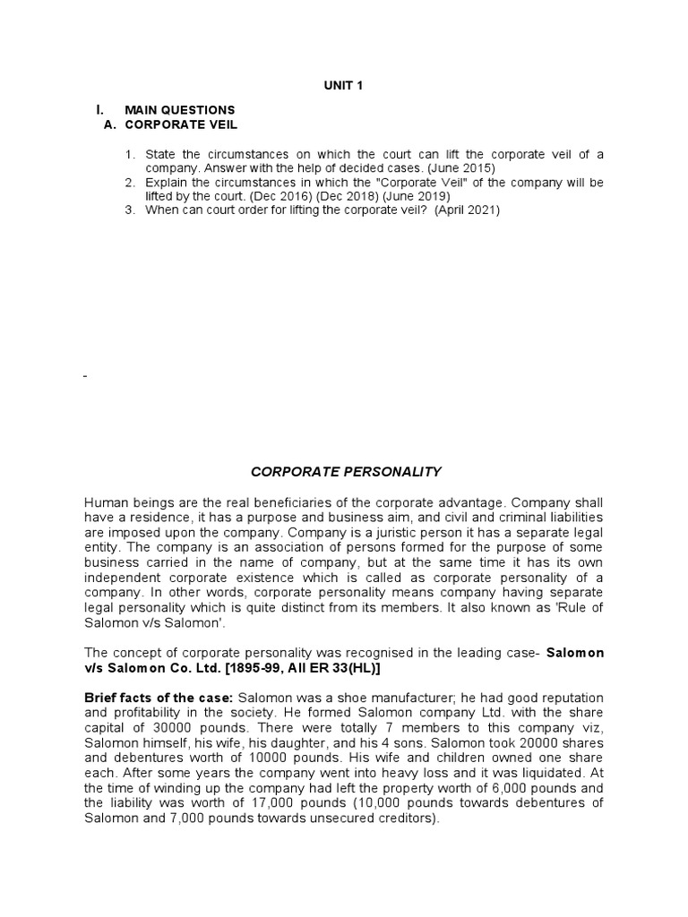 KSLU Company Law Unit 1 and 2 Q and A | PDF | Piercing The Corporate Veil | Law Of Agency