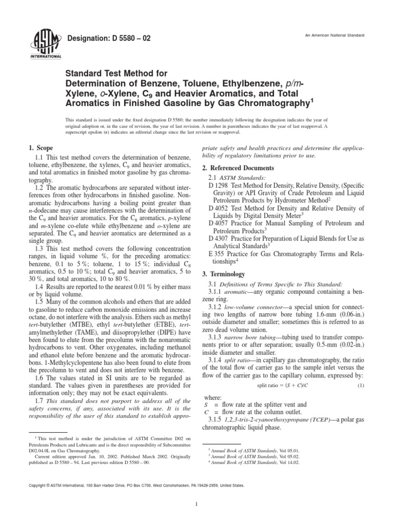 D 5580 | PDF | Gas Chromatography | Chromatography