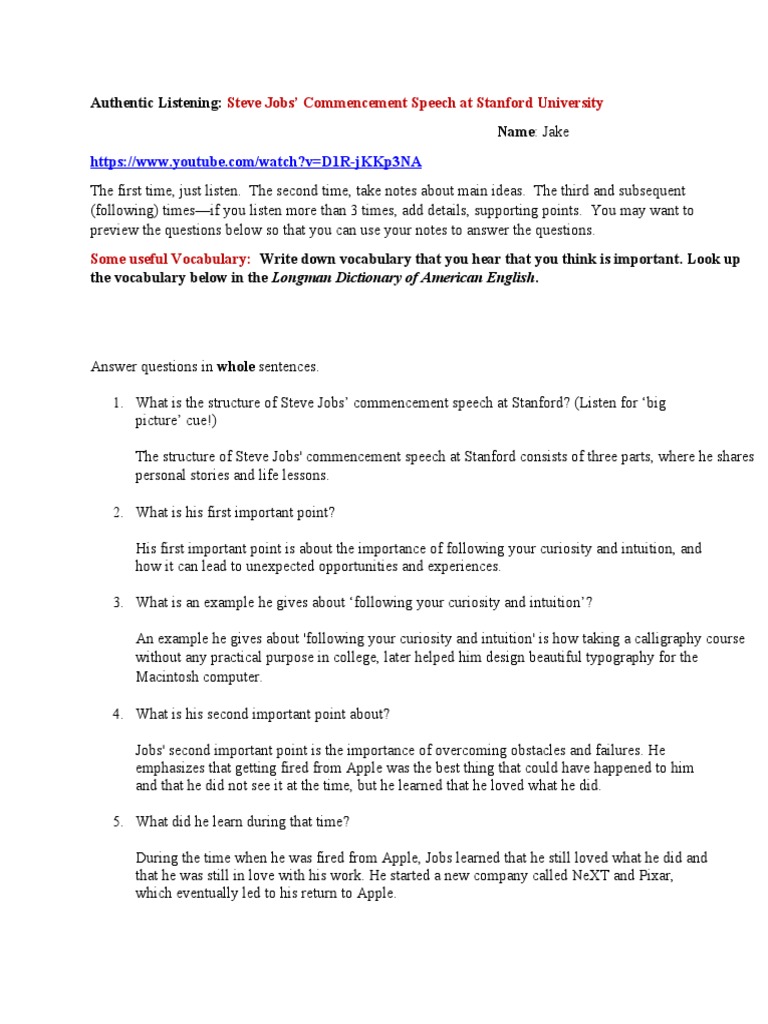 Stanford Speech Listening Guide | PDF | Steve Jobs | Apple Inc.