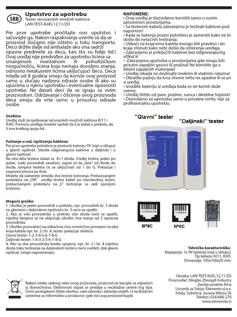 Uputstvo Za Upotrebu: Tester Računarskih Mrežnih Kablova LAN-TEST-RJ45 ...