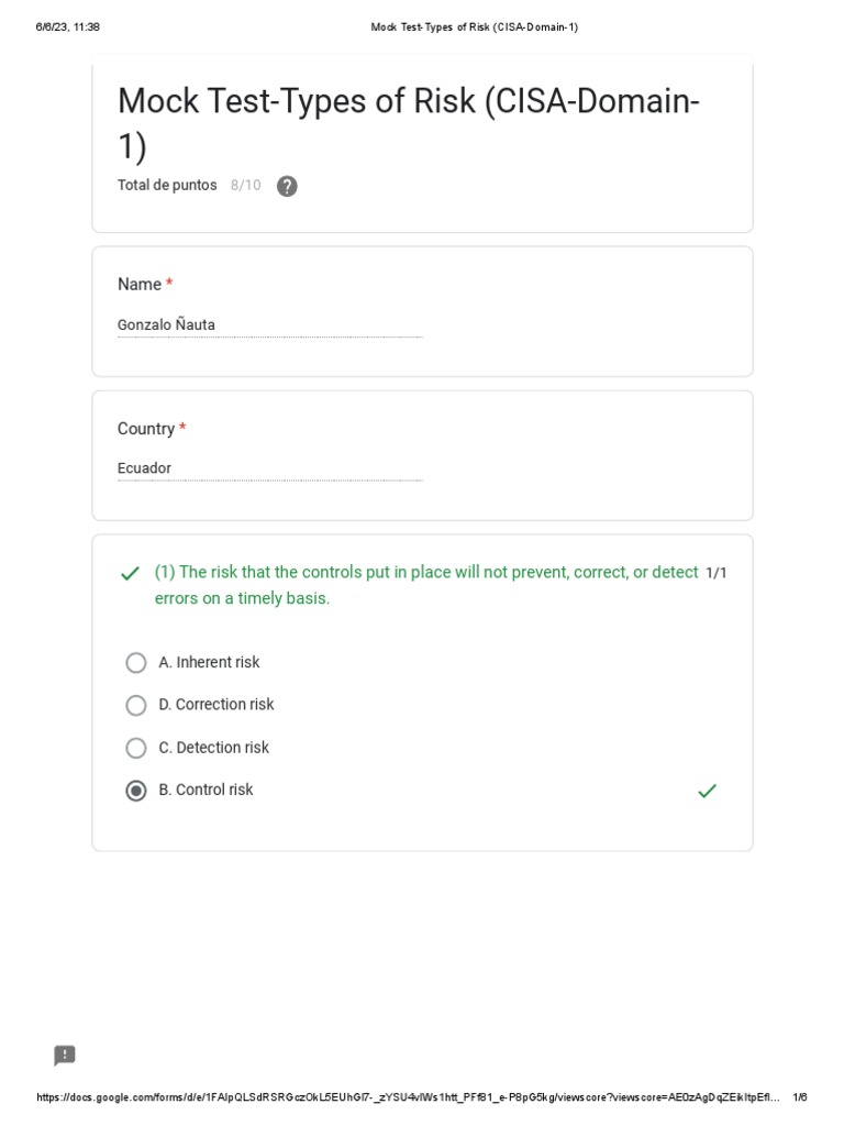 CISA Domain 1 Risk Assessment Mock Test | PDF | Risk | Risk Assessment