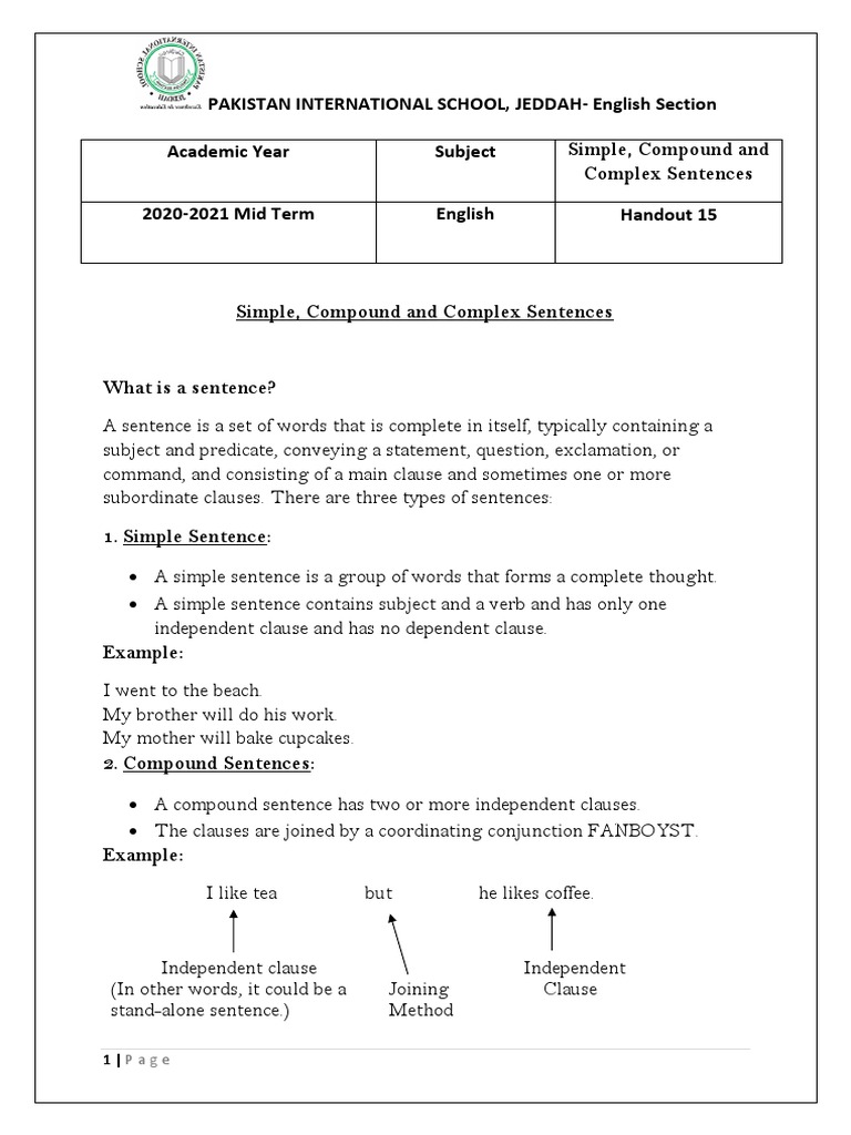 Unit 5 Handout 15 Simple, Compound & Complex Sentences | PDF | Sentence ...