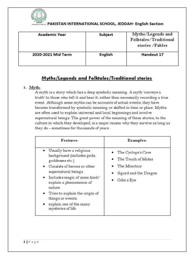 Unit 5 Handout 17 Myths, Legends and Folktales, Traditional Stories &fables | PDF | Hades ...