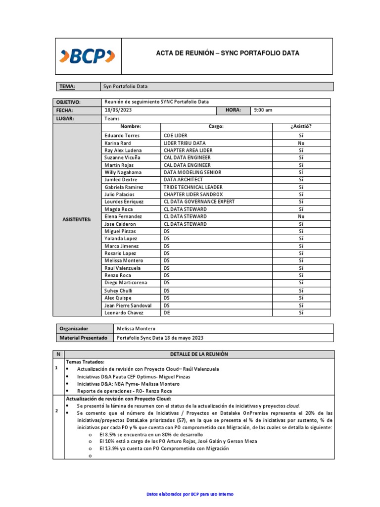 Acta de Reunión Sync Portafolio Data 18-05-23 | PDF | Economias