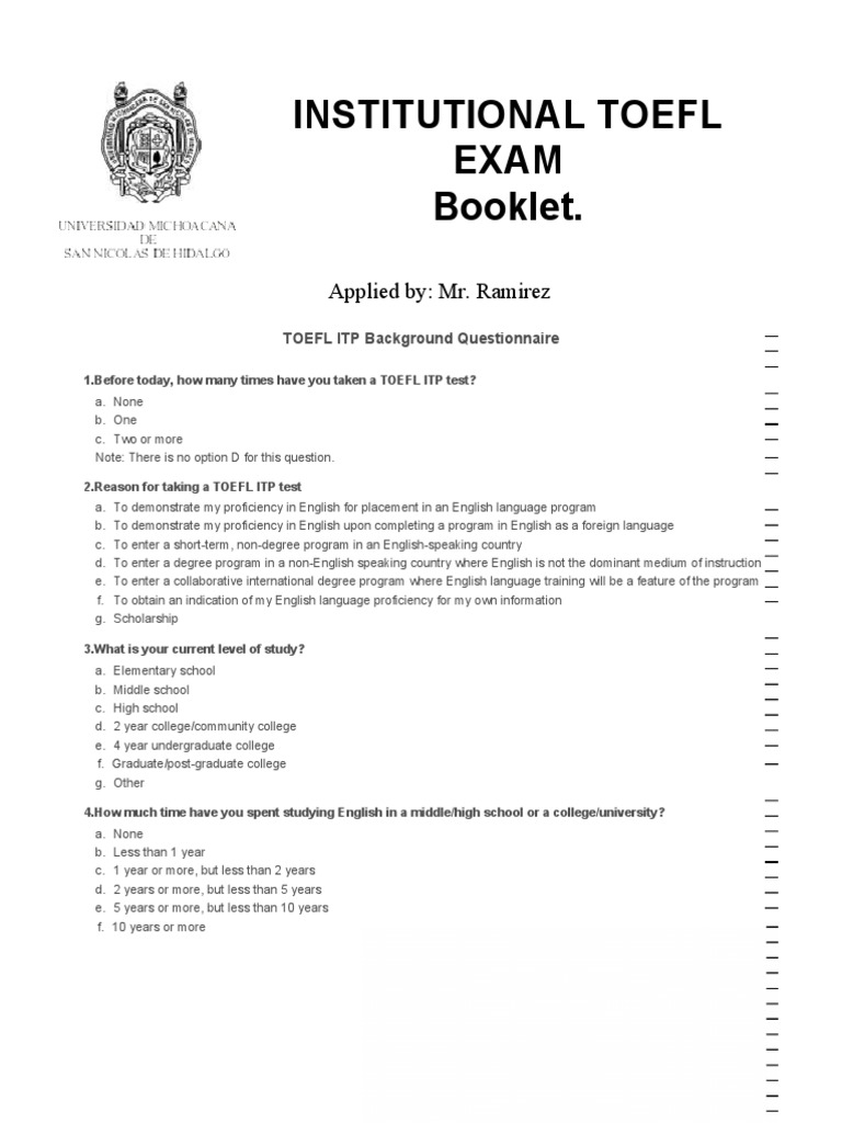 INSTITUTIONAL TOEFL Booklet | PDF