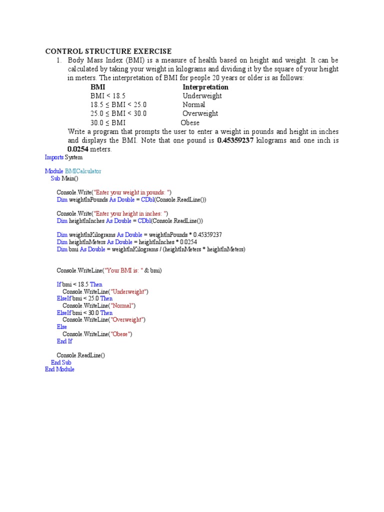 Control Structure Exercise | PDF | Body Mass Index | Human Body Weight