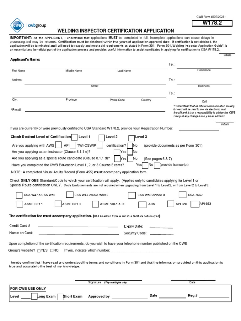 0450e - 2023-1 - Welding Inspector Certification Application | PDF ...