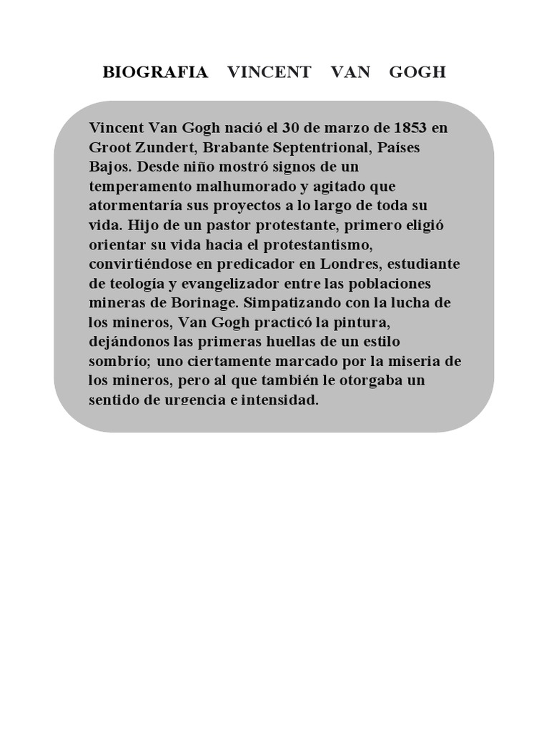 Biografia Vincent Van Gogh | PDF | Vincent Van Gogh | Artes plásticas