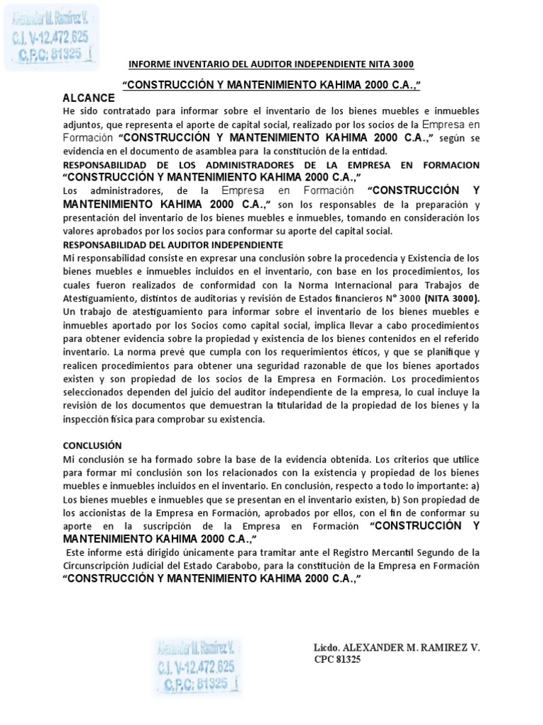 COMISARIO E INFORME INVENTRIO Nita 300 CONSTRUTORA KAHIMA | PDF | Contralor | Inventario