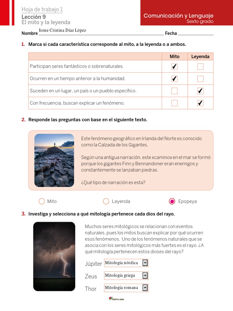 Hoja de Trabajo Mito y Leyenda | PDF