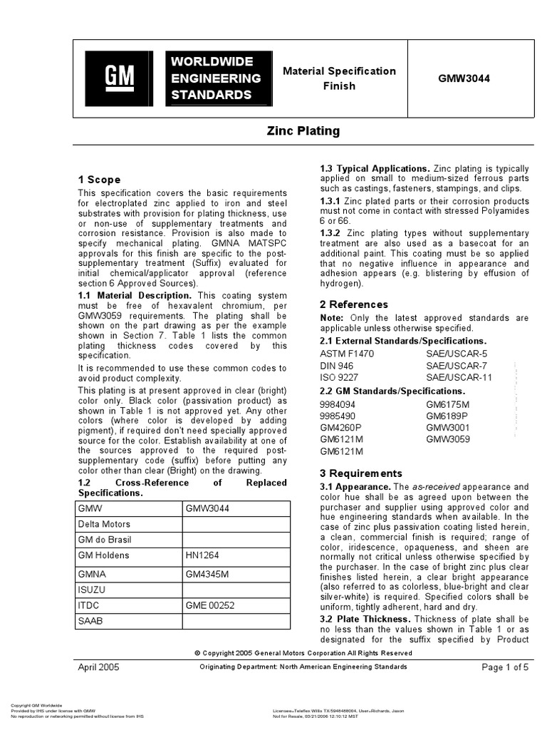GMW 3044 Zinc Plating Trivalent | PDF | Corrosion | Screw