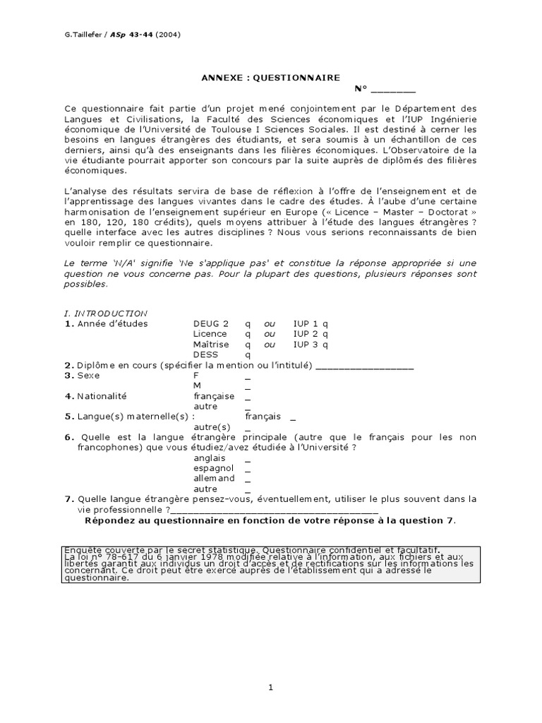 Questionnaire sur les besoins linguistiques étudiants | PDF | la ...