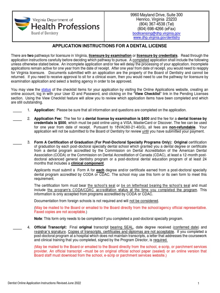 Virginia Dental License Application Guide | PDF | Dental Degree | Dentistry
