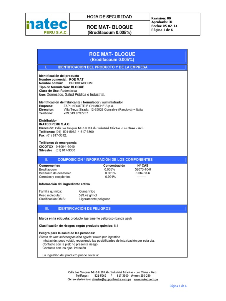 ROE MAT BLOQUE Hoja de Seguridad | PDF | Toxicidad | Agua