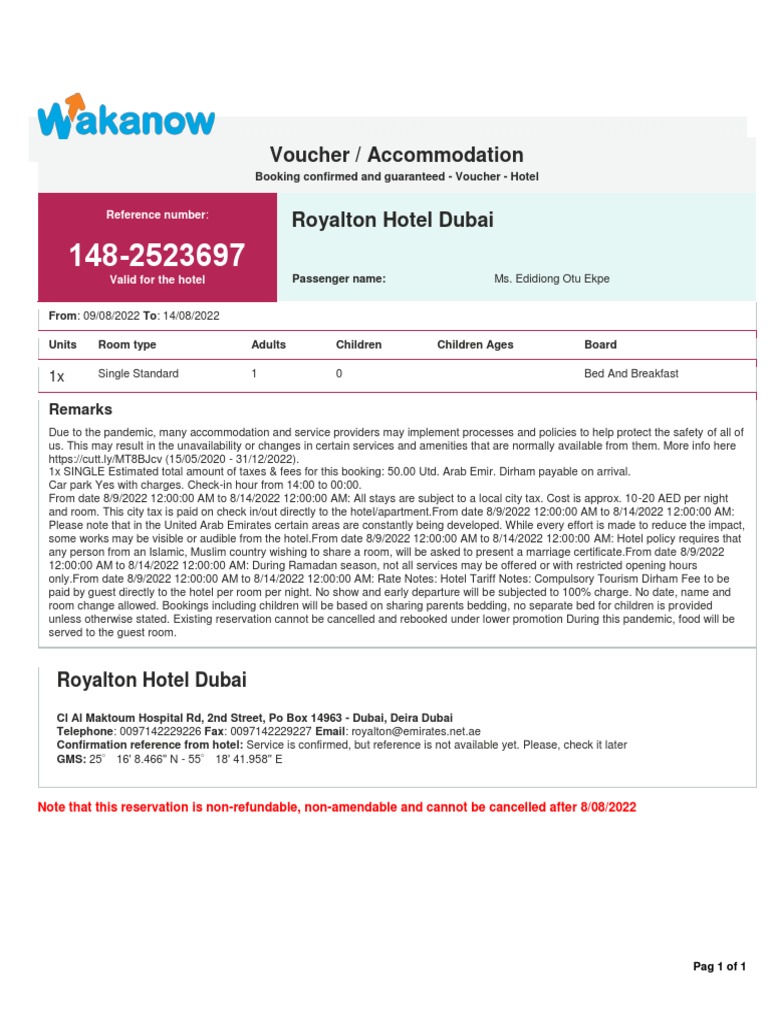 Royalton Hotel Dubai Hotel Voucher | PDF | Dubai