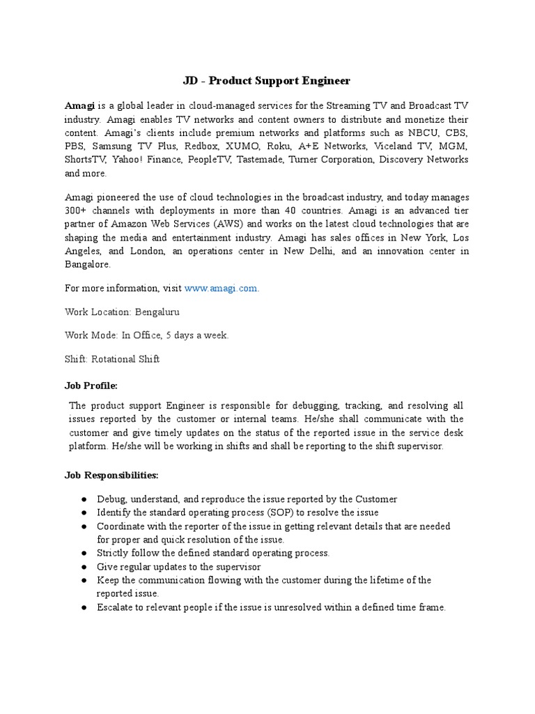 Amagi Product Support Engineer Role | PDF | Communication | Computing