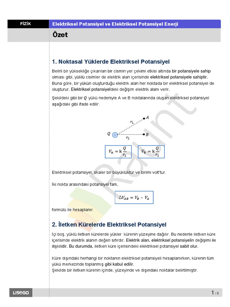Elektriksel Potansiyel Ve Elektriksel Potansiyel Enerji Ozet | PDF