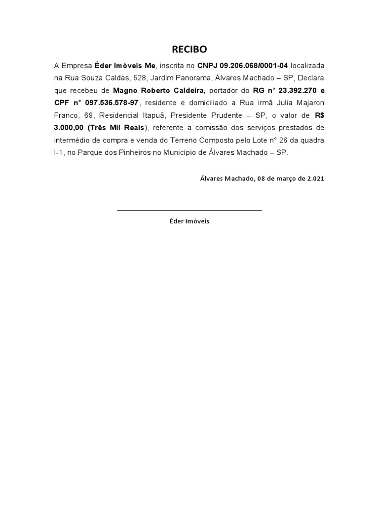 Recibo de Comissão por Venda de Terreno | PDF | Negócios