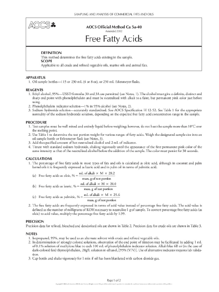 AOCS Ca 5a-40 FREE FATTY ACIDS | PDF