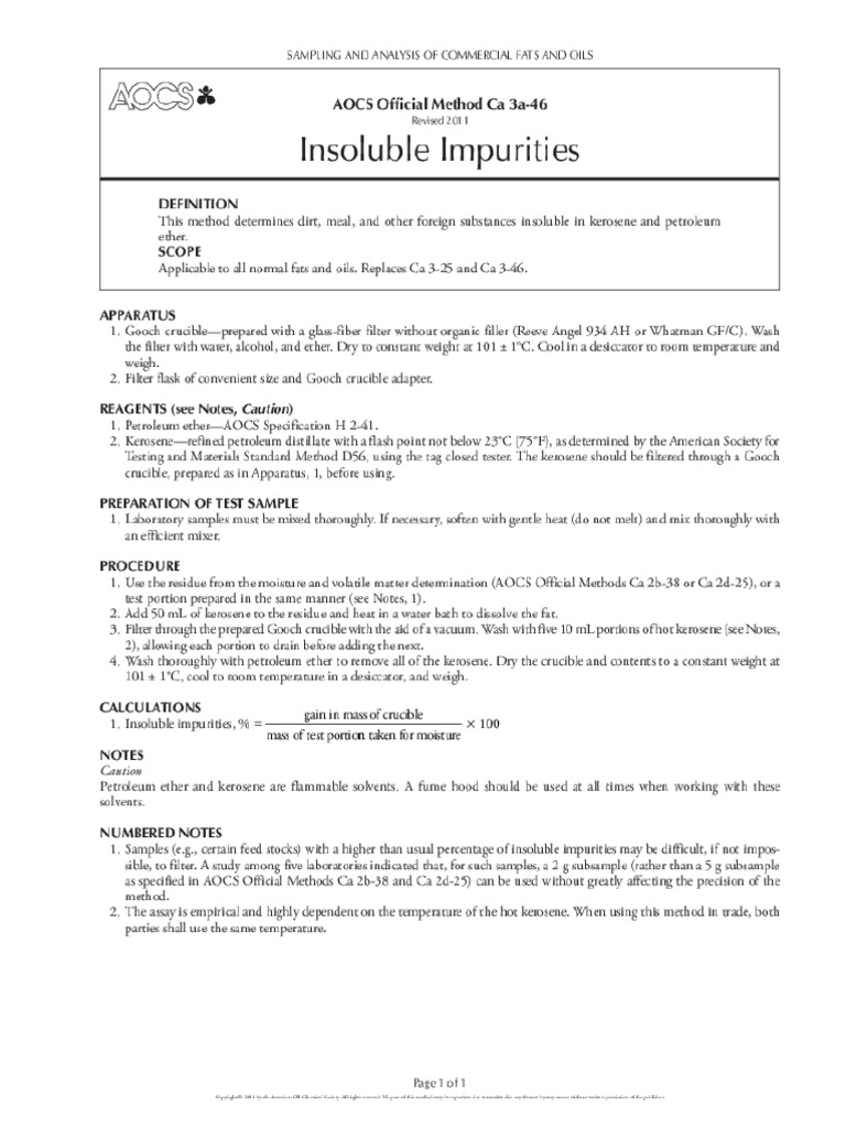 AOCS Ca 3a-46 INSOLUBLE IMPURITIES | PDF