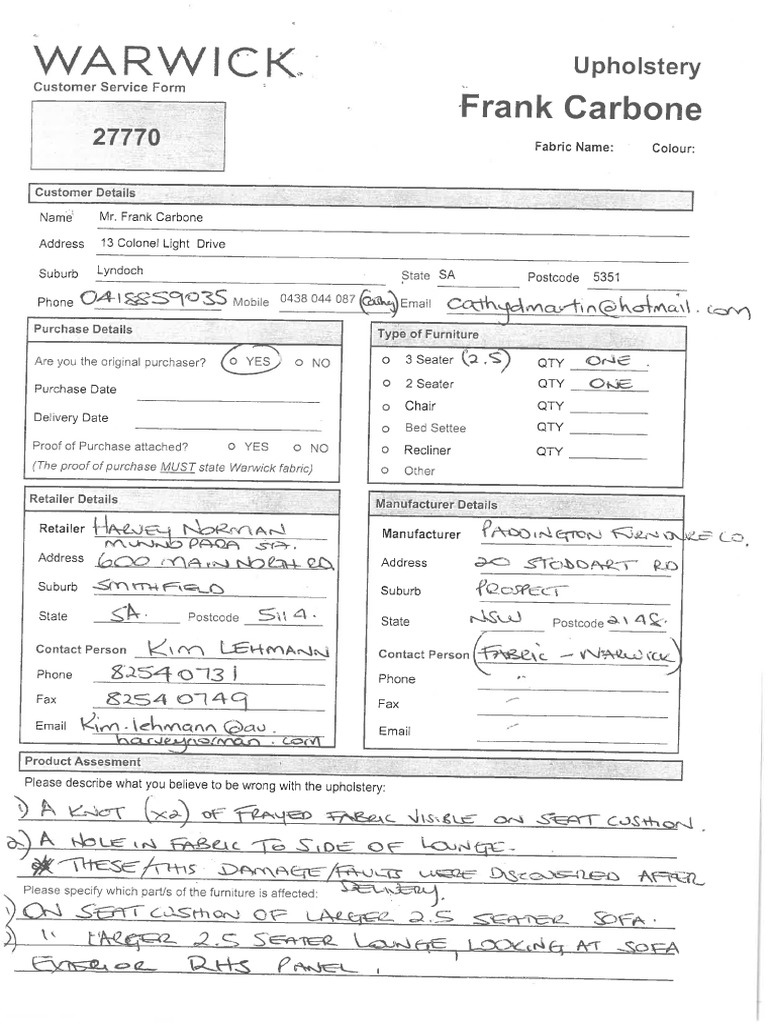 Warwick Service Form - REF 27770 | PDF