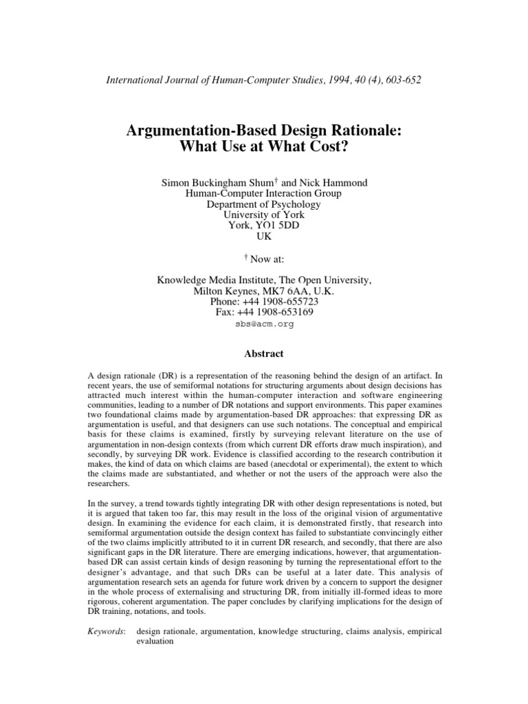 Argumentation Based Design Rationale Pdf Argumentation Theory Experiment