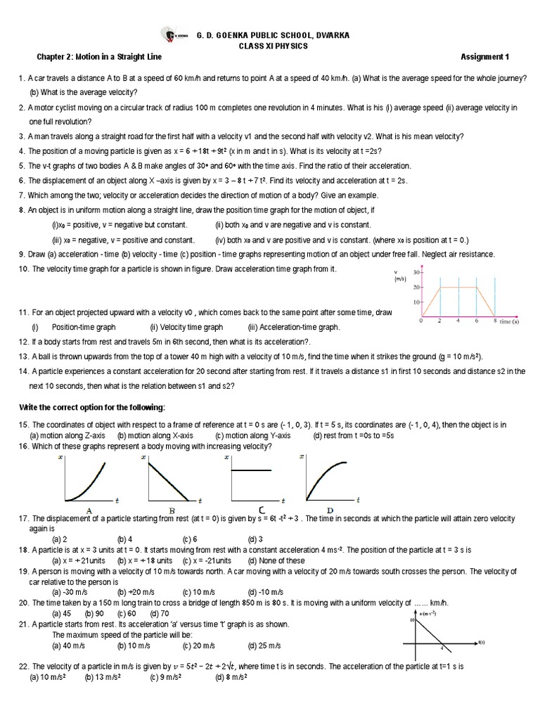 XI Physics CH 2 Assignment | PDF | Velocity | Acceleration