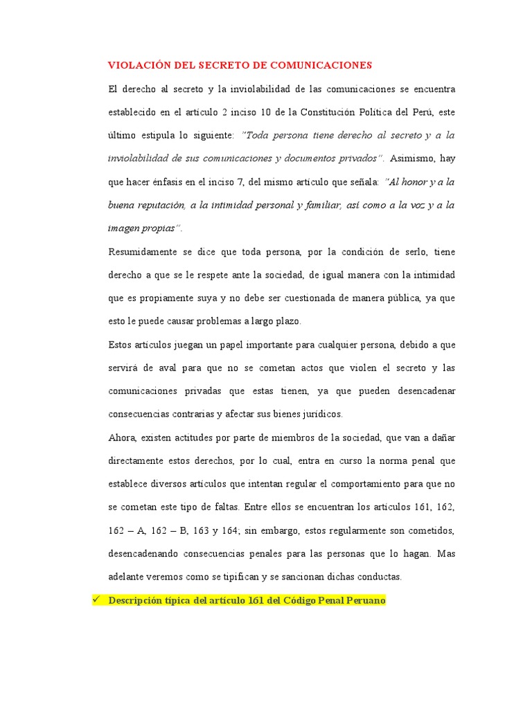 Violación Del Secreto de Comunicaciones y Profesional Peru | PDF | Derecho penal | Castigos