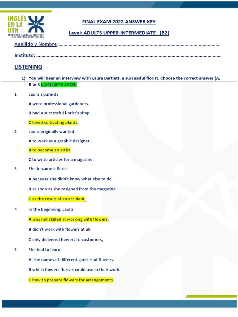 Adults Upper Intermediate Final Exam 2022 Answer Key | Download Free ...