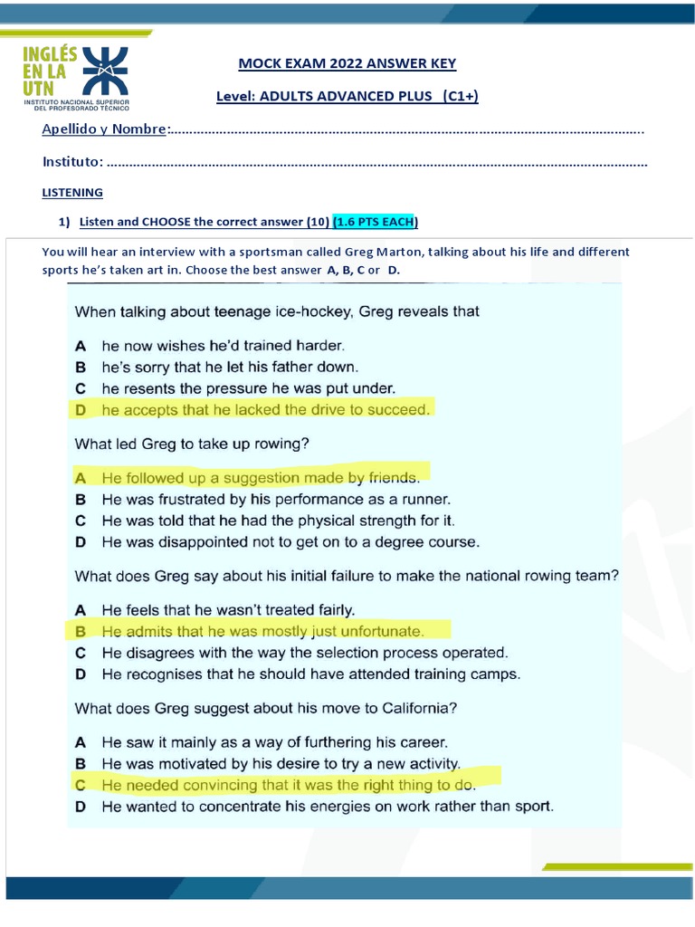 Adults Advanced Plus Mock Exam 2022 Answer Key | PDF | Games ...