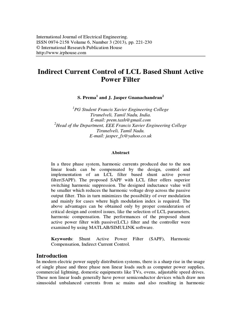 Indirect Current Control of LCL Based Shunt Active Power Filter | PDF | Power Inverter | Ac Power