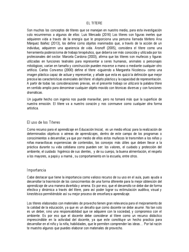 El Títere Como Herramienta Pedagógica | PDF | Aprendizaje | Marionetas